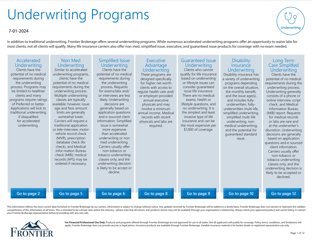 Underwriting Programs – Frontier Brokerage Insurance Services